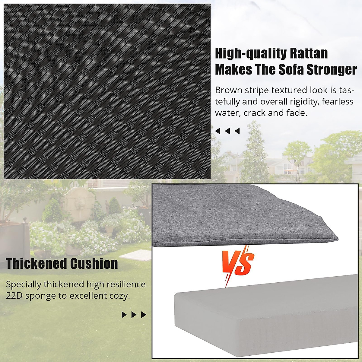 5 Pieces Patio Furniture Sets, All Weather Outdoor Sectional Patio Sofa, Rattan Wicker Conversation Sofa Set, Manual Weaving Sectional Patio Sofa with Cushion and Glass Table for Balcony, Garden, Gray