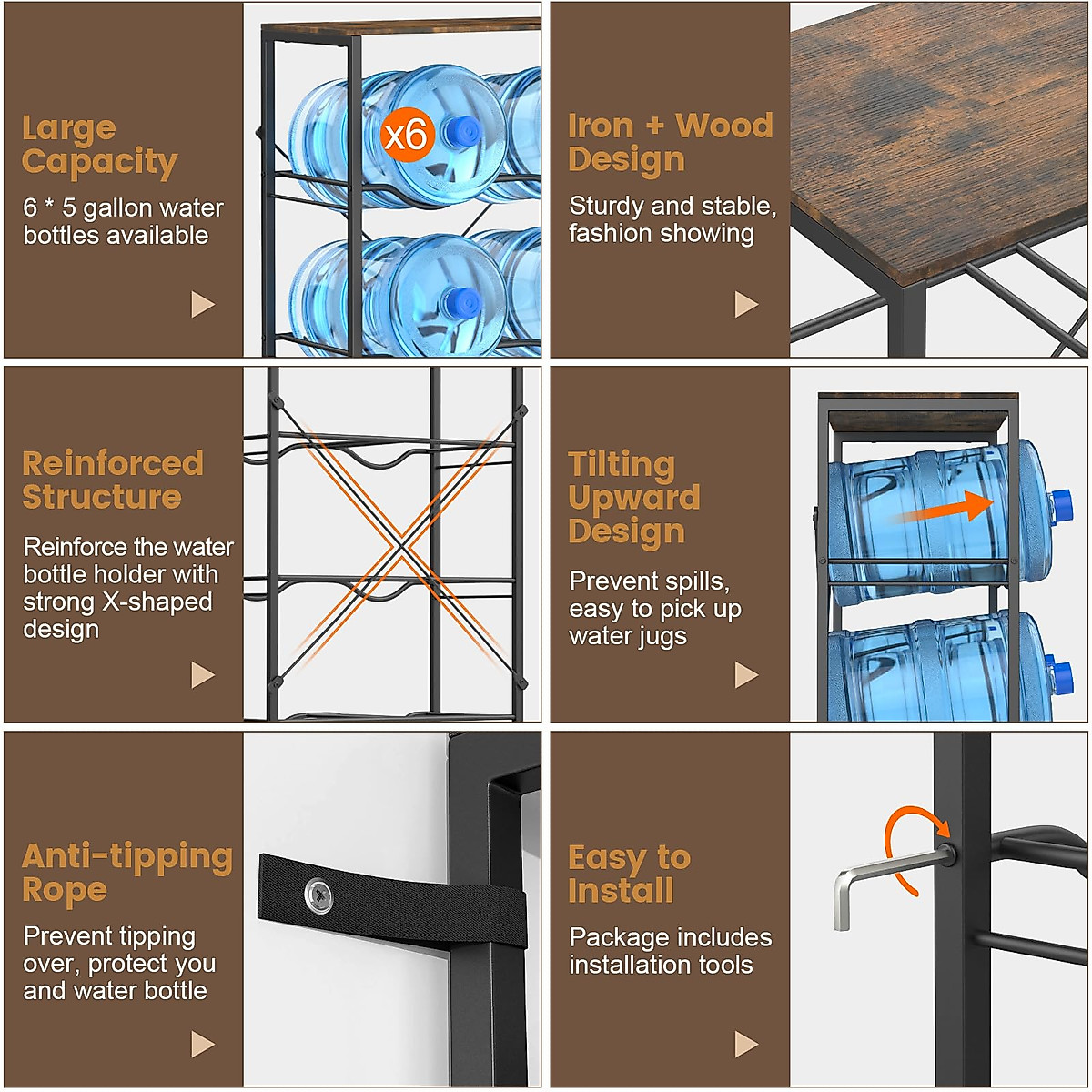 Housolution 3 Tier 5 Gallon Water Jug Holder 6-Tray Water Jug Rack with Top Shelf and 4 Wheels Heavy Duty Movable Water Jug Stand,5 Gallon Water Bottle Holder for Kitchen Office Living Room，Brown