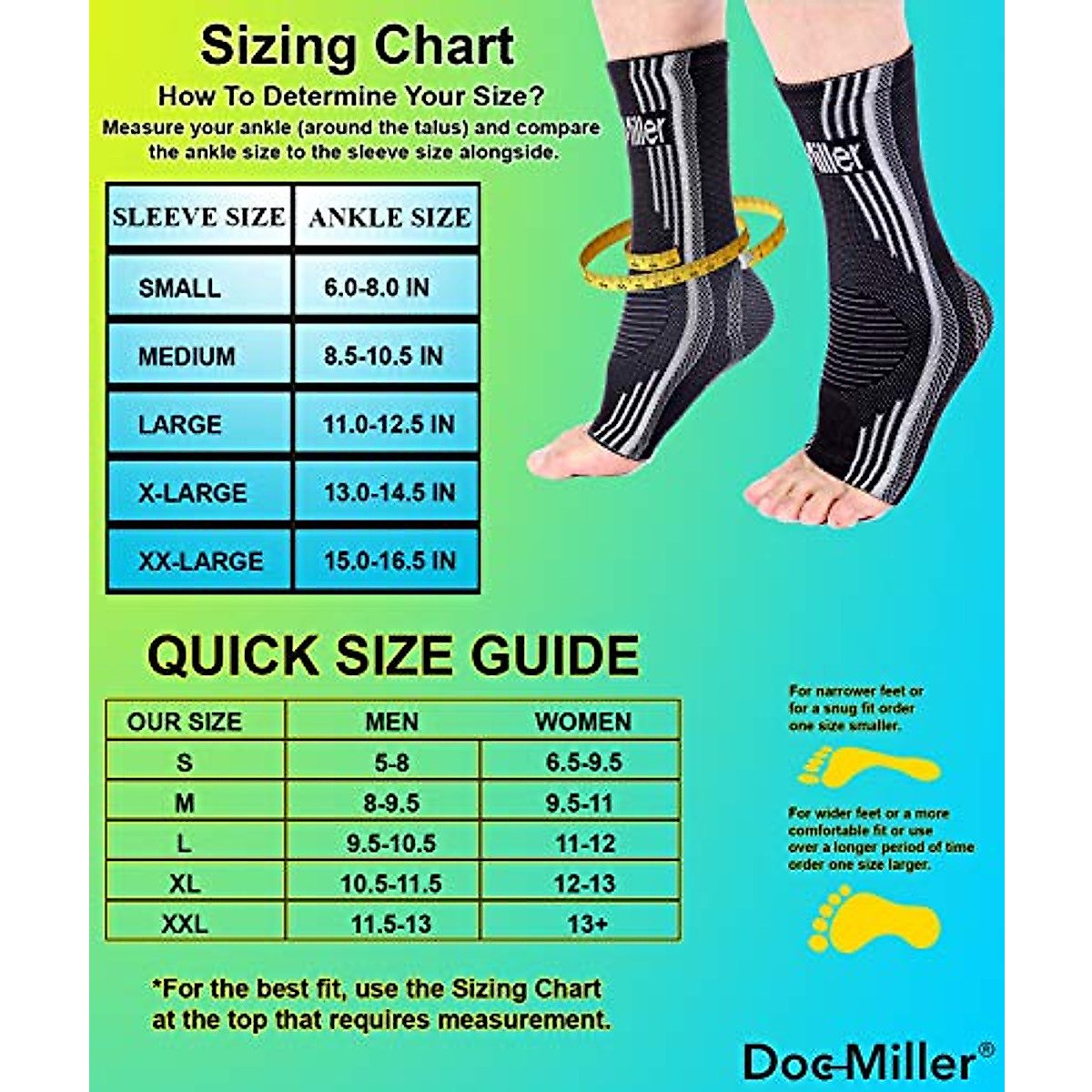 Doc Miller - Ankle Brace for Sprained Ankles, Achilles Tendonitis, Compression Support Sleeves for Women & Men, Best Brace for Pain Relief, Stability & Plantar Fasciitis Sock, 1 Pair, Gray, X-Large