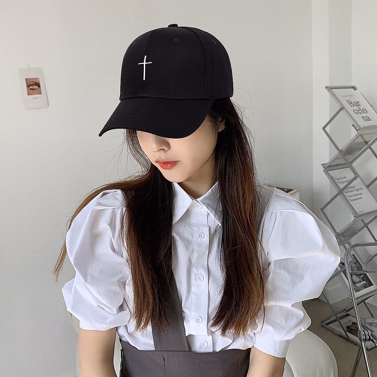 Cross Embroidery Baseball Cap,Adjustable Structured Dad Hat for Men Women Sun Hat (Black-1)