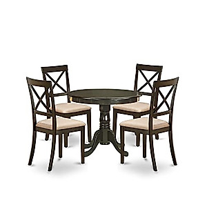 East West Furniture HLBO5-CAP-C 5 Piece Dining Room Furniture Set Includes a Round Dining Table with Pedestal and 4 Linen Fabric Upholstered Chairs, 42x42 Inch, Cappuccino