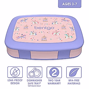 Bentgo® Kids Prints Leak-Proof, 5-Compartment Bento-Style Kids Lunch Box - Ideal Portion Sizes for Ages 3 to 7 - BPA-Free, Dishwasher Safe, Food-Safe Materials (Carousel Unicorns)