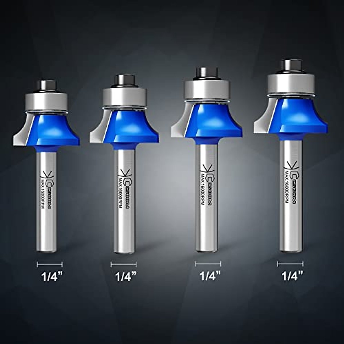 CSOOM Round Over Router Bits 4pcs, 1/4 Inch Shank, Adopt C3 Carbide.Use for Round Edges, Laminate, Particle Board, Plywood Compact Panel, and etc.