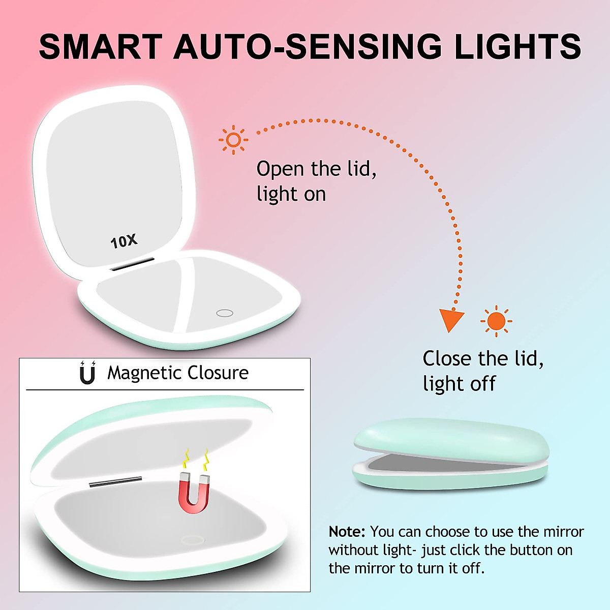 merifun LED Lighted Compact Makeup Mirror, Travel Magnifying Mirror 1x/10x - 56 LED Lights, Touch Sensor, 3 Colors Lights & Brightness Dimmable- Magnetic Closure, Rechargeable (Aqua)