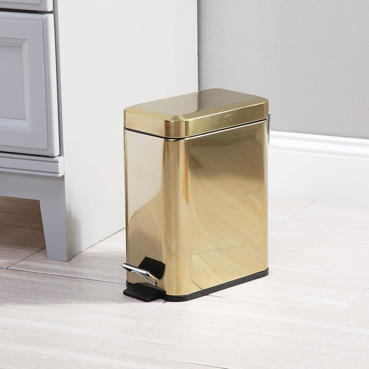 mDesign Small Modern 1.3 Gallon Rectangle Metal Lidded Step Trash Can, Compact Garbage Bin with Removable Liner Bucket and Handle for Bathroom, Kitchen, Craft Room, Office, Garage - Soft Brass
