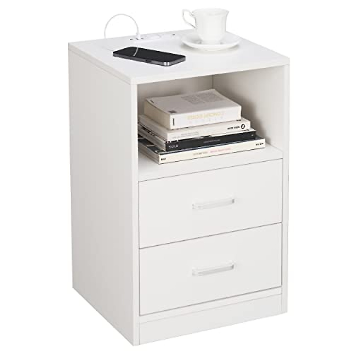 PrimeZone LED Nightstand with Charging Station - Modern End Table Bedside Table with USB Ports & Outlets, Wooden Bedroom Night Stand with 2 Drawers & Open Storage, White