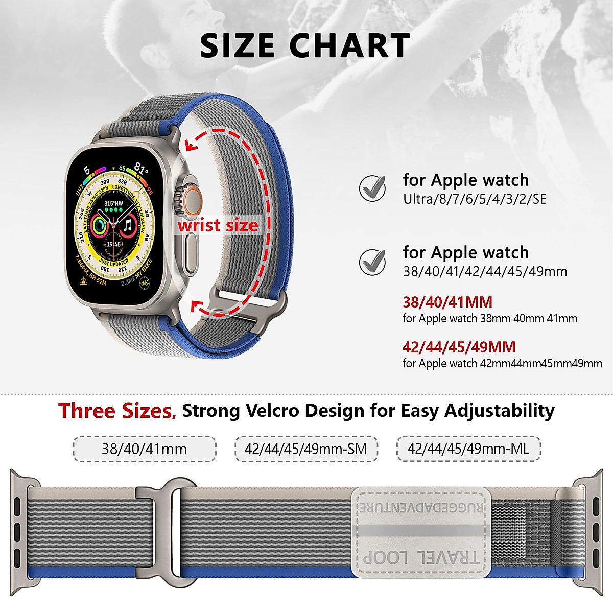 Trail Loop for Apple Watch Band 49mm 45mm 44mm 42mm Women Men, iWatch Bands Sport Strap Nylon Bracelet Wristband for Apple Watch Ultra Band Series 8 Series 7 Series SE2 SE 6 5 4 3 2 1, Blue/Grey