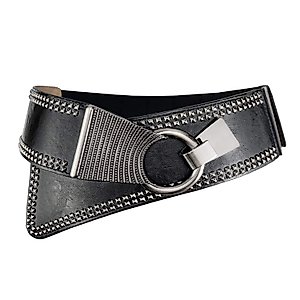 Women's Fashion Vintage Wide Waist Belt Elastic Stretch Cinch Belts With Interlock Buckle, Black, One Size