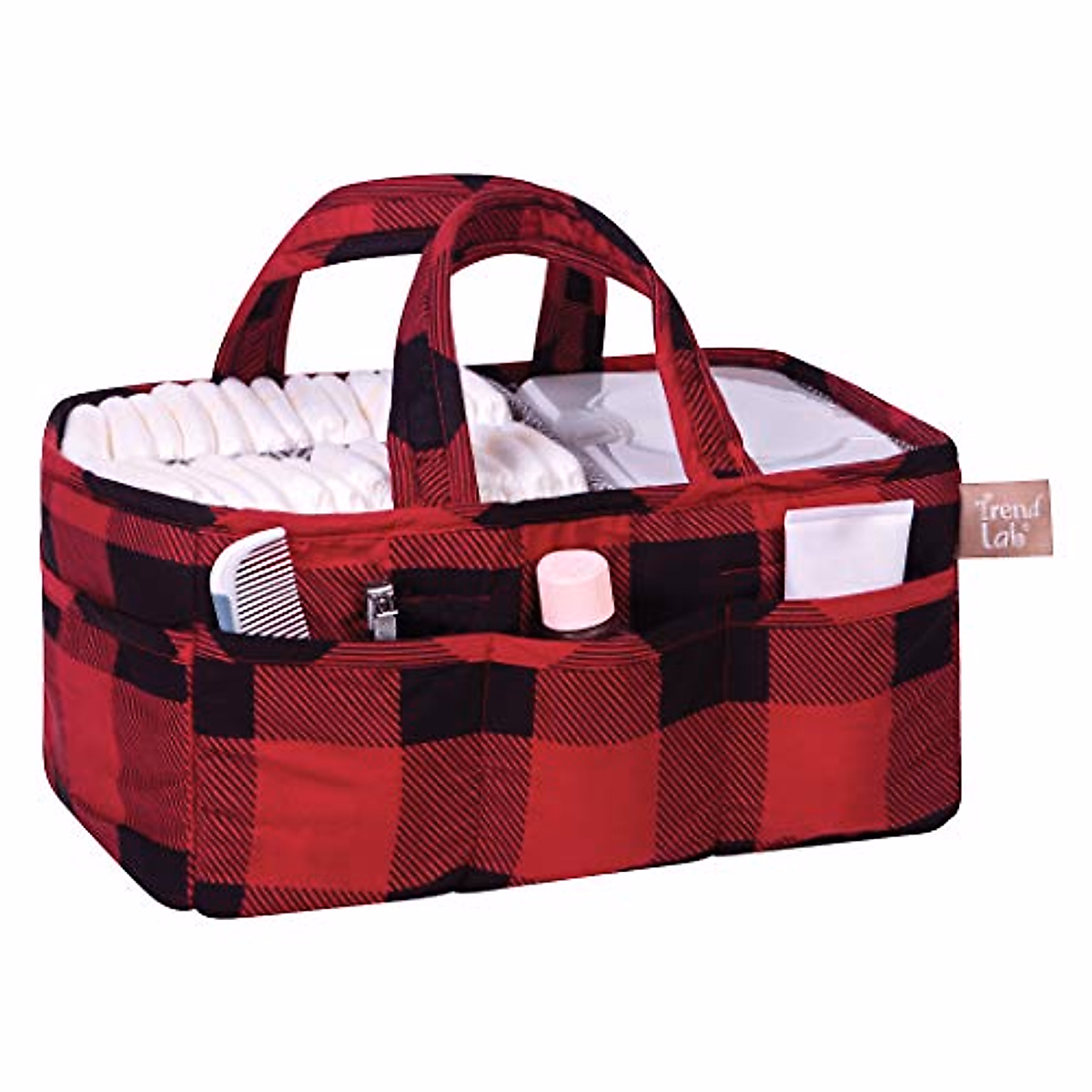 Red and Black Buffalo Check Storage Caddy-Buffalo Check Body and Handles, Herringbone Print Lining, Buffalo Check Trim, Red, Black, Grays, 12 in x 6 in x 8 in