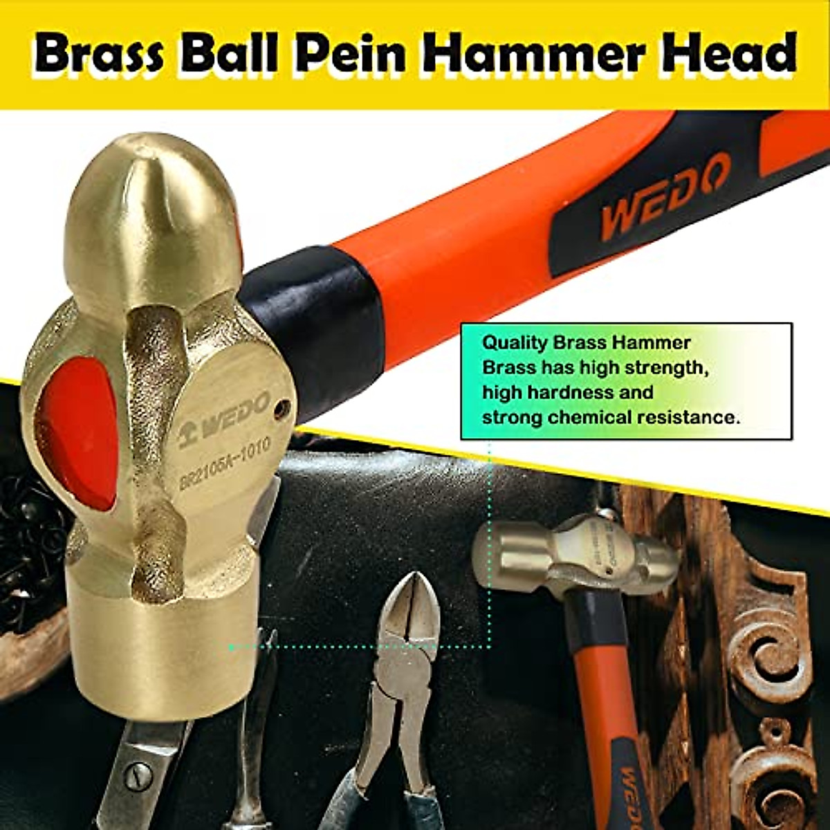 WEDO Brass Ball Peen Hammer with Fiberglass Handle,Ball Pein Hammer, 1/2lb, 280mm, 11"