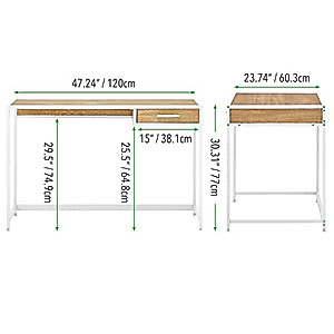 mDesign Metal & Wood Sturdy Home Office Desk with Righthand Drawer - Computer Desk, Home Office Writing, Small Desk, Modern Simple Style PC Table - White Metal Frame/Light Natural Wood Top
