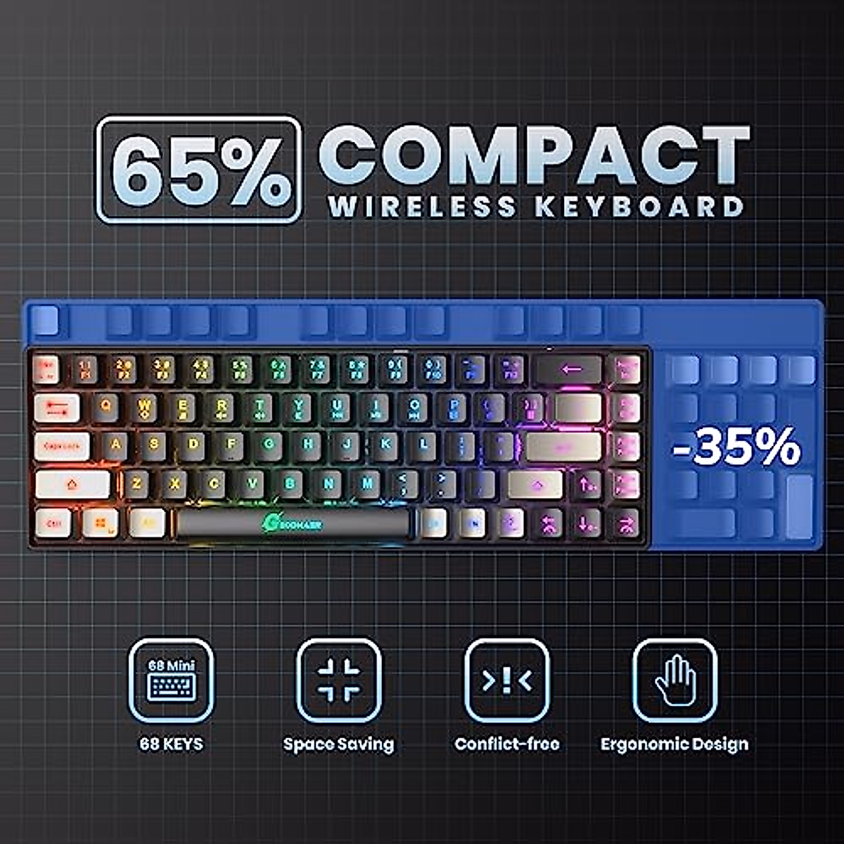 GEODMAER 65% Wireless Gaming Keyboard, Rechargeable Backlit Gaming Keyboard, Ultra-Compact Mini Mechanical Feel Anti-ghosting Keyboard for PC Laptop PS5 PS4 Xbox One Mac Gamer(Black-Grey)