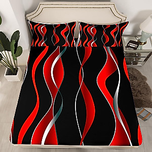 Red Grey and Black Stripe Sheets with Deep Pocket Fitted Sheet Full Size, Retro Stripe Swirl Bed Sheets Set Geometric Pastel Gradient Stripes Sheet Set for Toddler Geometry Swirl Lines Bedding Set