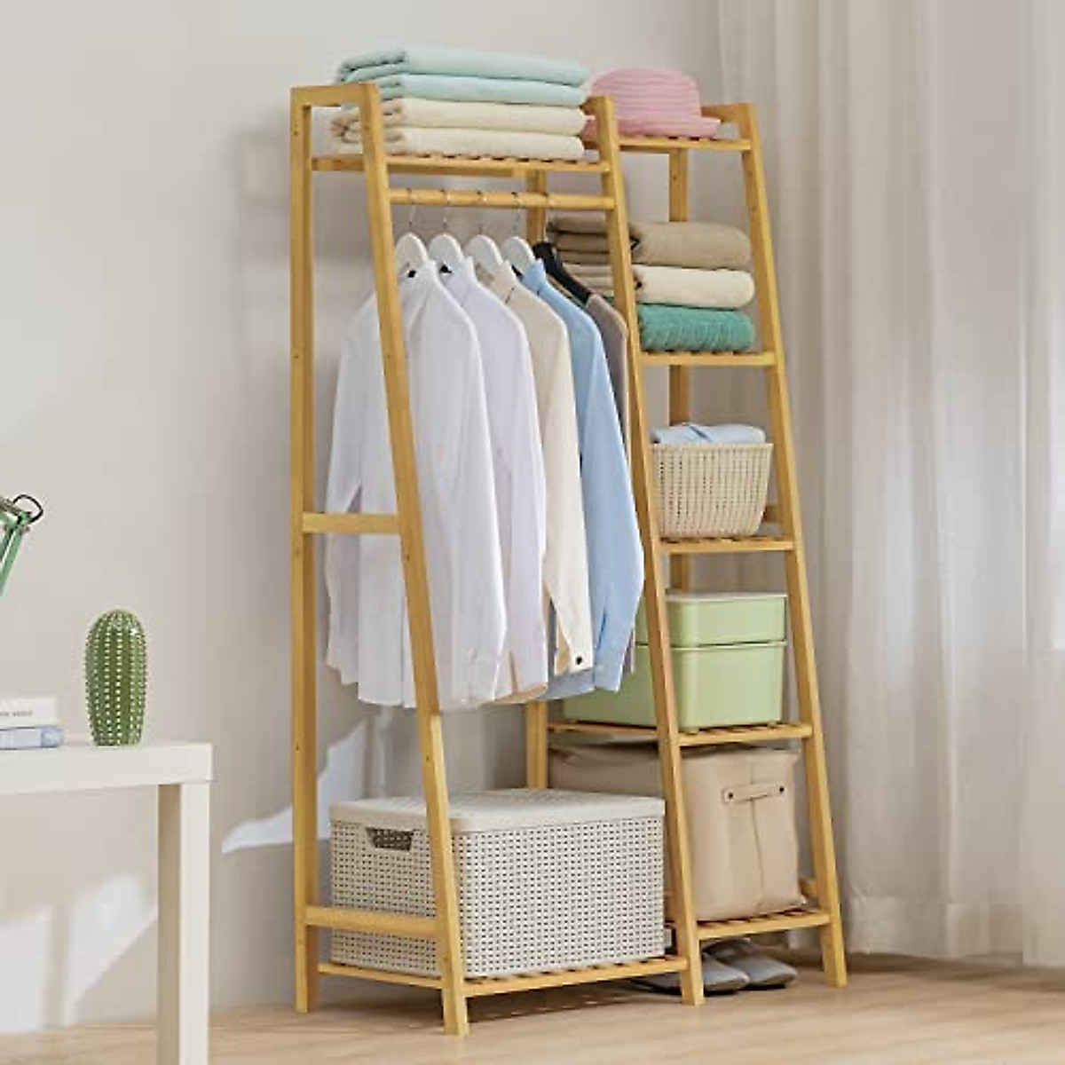 MoNiBloom Bamboo Clothing Rack with 5-Tier Storage Shelves Multi-Functional Garment Rack, Clothes Hanging Rack Stand for Bedroom Living Room, Natural