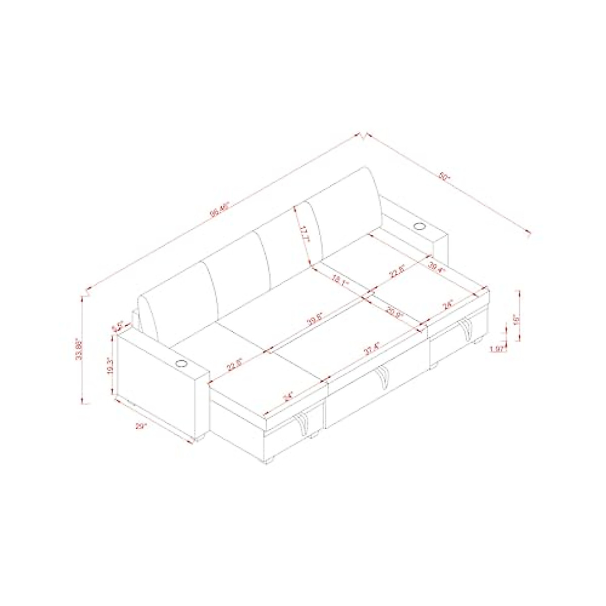 Ball & Cast 96.5" Convertible Sectional Pull Out Couch with Double Storage Chaise&Cup Holders, 4 Seat U-Shaped Sleeper Sofa-Bed w/Removable Cushions for Living Room Apartment Small Spaces, Dark Gray
