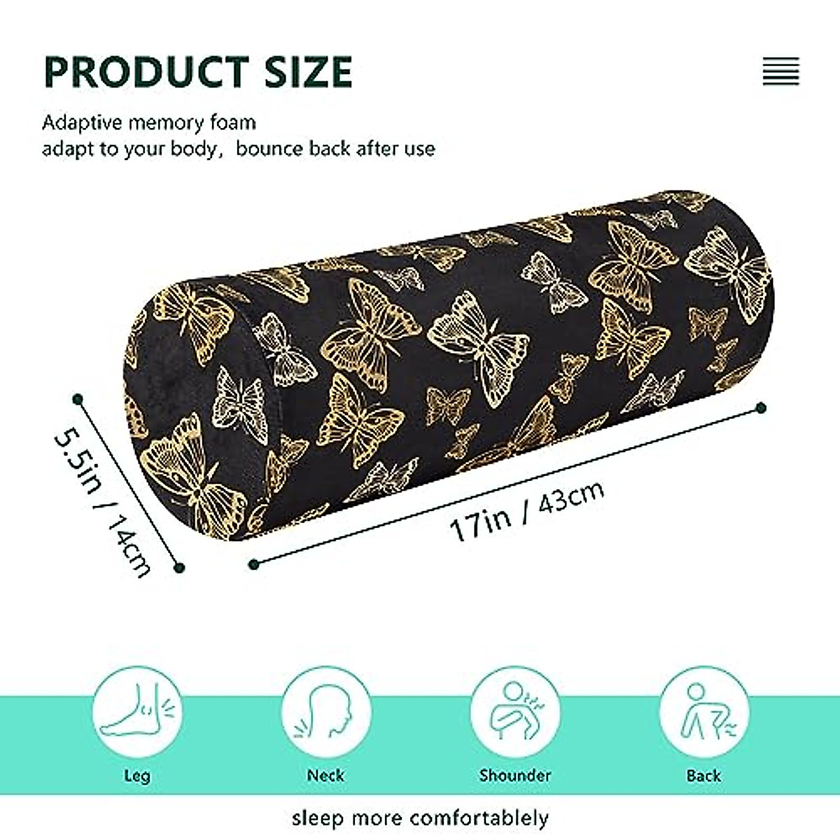 Vnurnrn Butterflies Gold Neck Support Pillow Round Neck Roll Bolster Cylinder Pillow Cervical Pillows Round Neck Pillow for Leg Knee Back Head Support for Camp Work Women Men Traveling