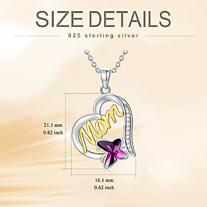 Natural Diamond Mom Heart Necklace for Women,925 Sterling Silver Butterfly Crystal Pendant Necklaces Birthday Gifts for Mom Wife 18"-20’’
