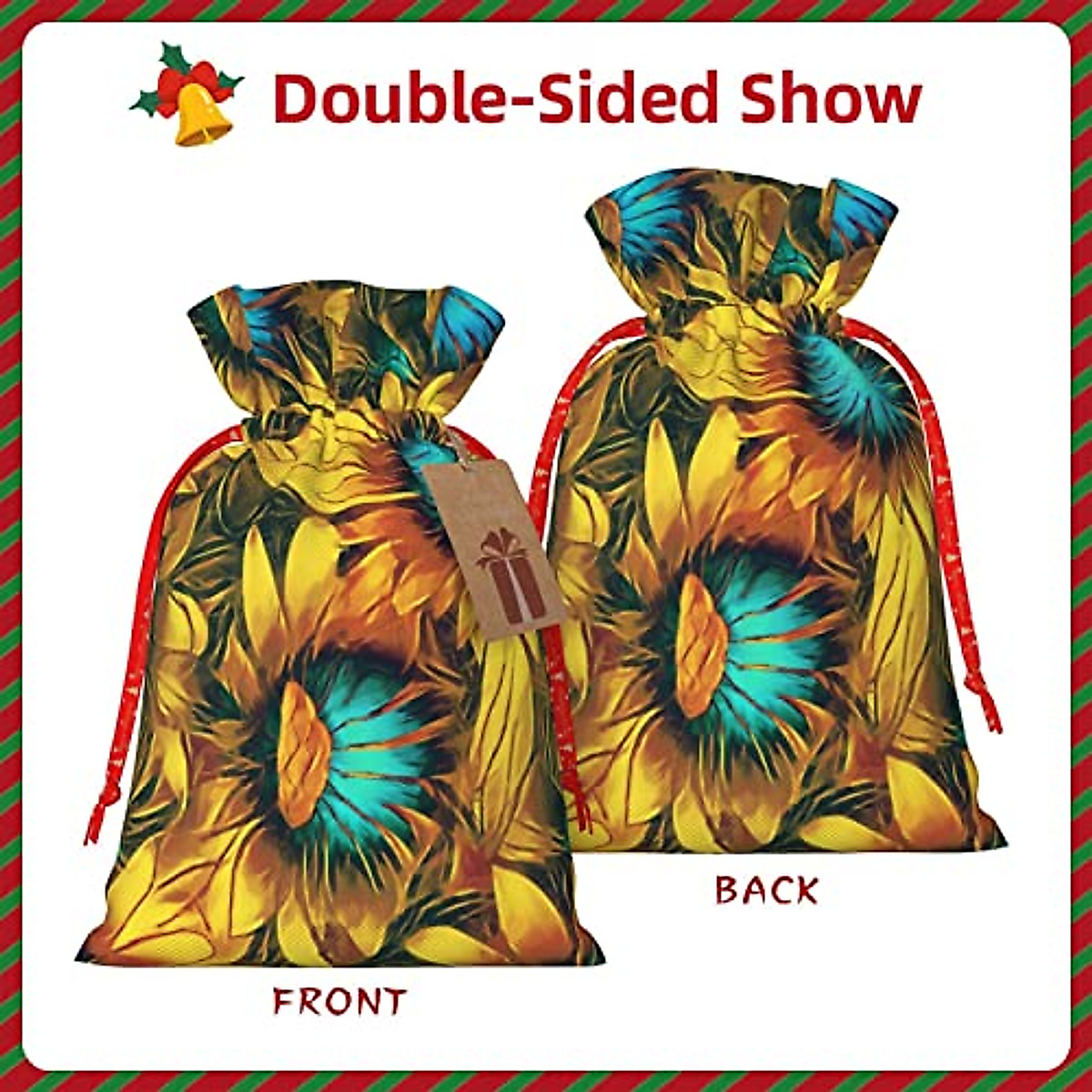 Drawstrings Christmas Gift Bags Floral-Sunflower Presents Wrapping Bags Xmas Gift Wrapping Sacks Pouches Medium