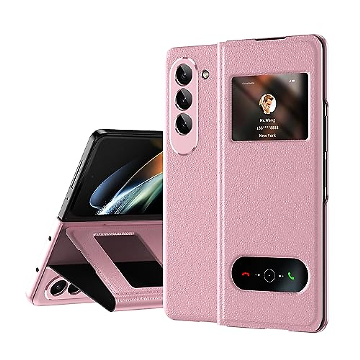 LOOBIVAL PU Leather for Samsung Galaxy Z Fold 5 4 3 5G Case Window View Hole for Free Answer Call &Time View,Kickstand Function,Full Protection Slim Men Cases Cover (Lichee Pink,Z Fold 5)
