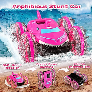 Axirata Amphibious RC Car with Lights for Kids 6-12 Year Old Girls Toy Gesture Hand Remote Control Boat 4WD 2.4GHz Waterproof RC Stunt Car 360° Rotating Water Beach Pool Toys Gift for Girls Kids