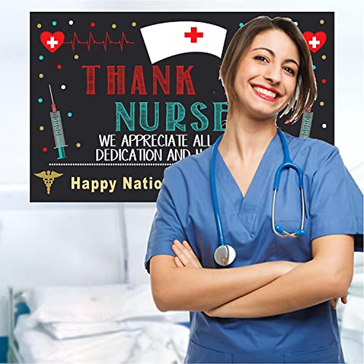 Nurse Appreciation Week Banner Backdrop Decorations - Happy National Nurses Week Banner Decoration Thank You Nurses Banner for Medical Doctor Nursing Party Decorations