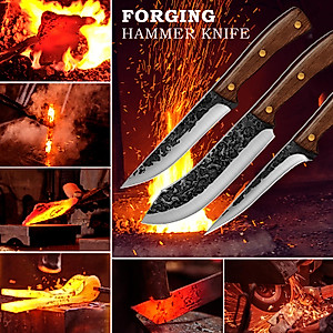 Professional 3 Piece Boning Knife Set, 7" Butcher Knife, 6.5" Meat Cleaver Slicing Knife,5.5" Fillet Knife,High Carbon Steel Hand Forged Chef Knives for Fish, Poultry, Chicken, Kitchen, BBQ Gift