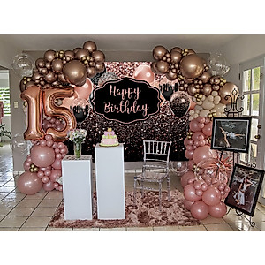 Pink Rose Gold Birthday Backdrop for Women Girls 18th 20th 30th 40th 50th 60th 70th Happy Birthday Background Black and Pink Glitter Balloon Birthday Party Photo Backdrop Banner 8x6ft