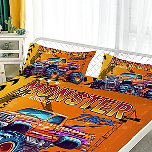 Monster Car 4 Pieces Bed Sheets Soft Washed Microfiber Orange Off Road Bedding Set Fitted Sheet Deep Pockets Top Flat Sheet Room Decor Orange Queen with 2 Pillowcases for Kids Boys and Girls