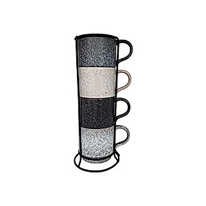 Essential Drinkware 14oz Stackable Ceramic Coffee Mugs with Metal Rack, Assorted Colors - Set of 4 Space Saving Durable Stacking Cups with Speckled Finish