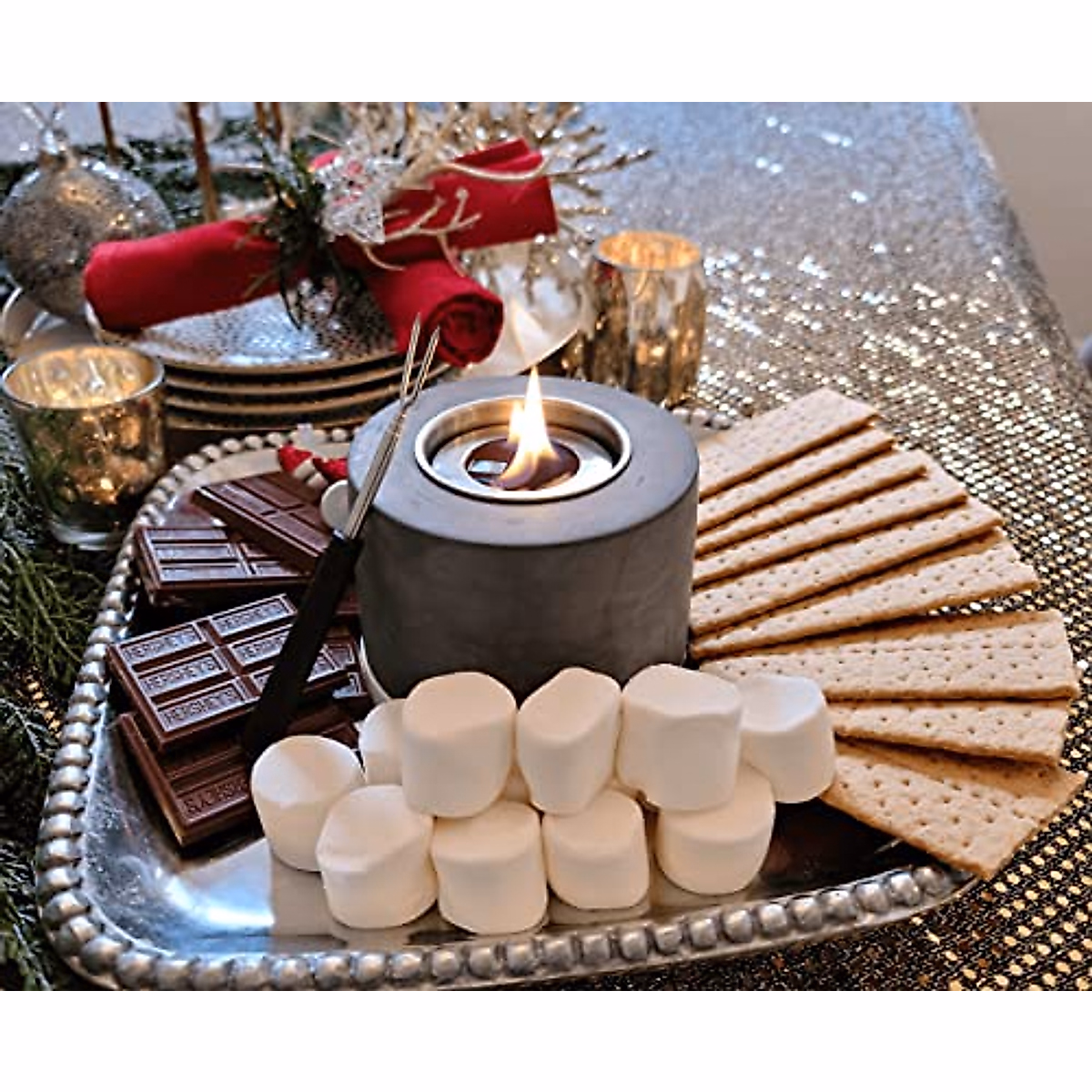 Davis&Company Concrete Tabletop Fire Pit - Bundle Kit - Isopropyl Fire Pit, with Roasting Sticks, Mini Personal Fireplace for Indoor & Patio - Ethanol Fuel, with Portable Fuel Funnel