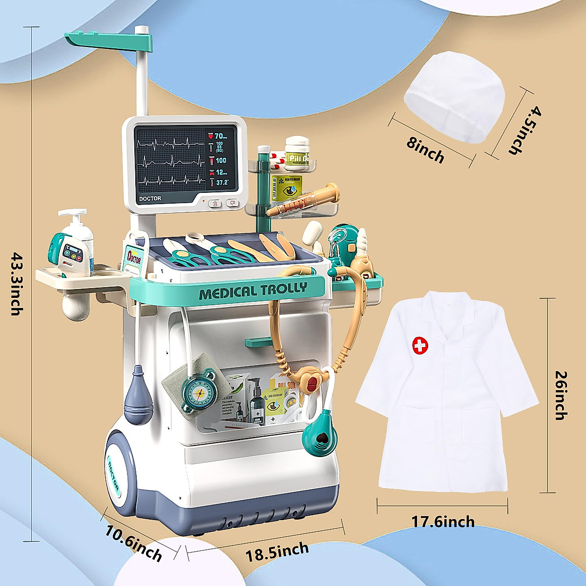 YGLOLRAME Doctor Kit for Kids 3-5 Years Old - 26 Piece Pretend Play Toys Toddler Mobile Medical Cart with Sound and Light Functions Veterinarian/Dentist Kit Perfect for Toddlers 3-5 Birthday Gift