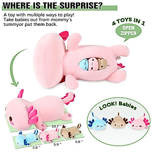 Onsoyours Axolotl Stuffed Animal Mommy 19.7" with 3 Baby Axolotl Plushies in Tummy, 4 Piece of Cute Axolotl Plush Pillow Toys for Kids Girls Boys (Pink Axolotl Family)