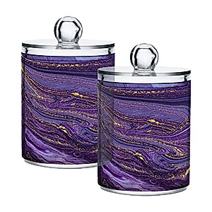 Coikll Purple Marble Qtip Holder with Lid 2PCS Apothecary Jars Storage Containers, Clear Plastic Canister for Cotton Swab,Floss Picks, Cosmetics