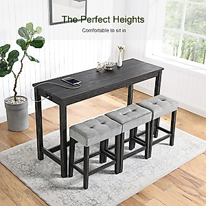 YWUFUART 60'' Industrial Black Solid Wood Bar Table Set with Power Outlet and 3 Grey Chairs for Living Room Dining Room Game Room