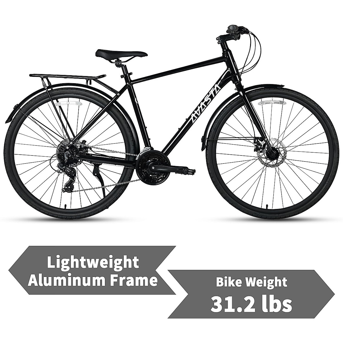 AVASTA Uranus 700C Road Hybrid Bike - Lightweight Aluminum Alloy Frame with 24-Speed Gearing for City Commuting - Rear Cargo Rack, Dual Disc Brakes, and 17 inch Frame - Black Design for Men Woman
