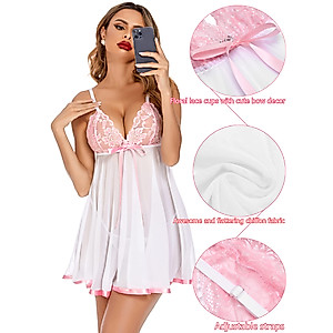 Avidlove Women White Lingerie Lace Babydoll Strap Sleepwear Sheer Chemise V neck Teddy White S