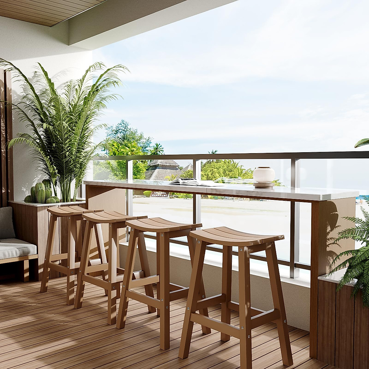 All-Weather Bar Stools Set of 4, Patio Barstools, Never Rot or Fade, for Bar, Kitchen Counter and Deck, Teak