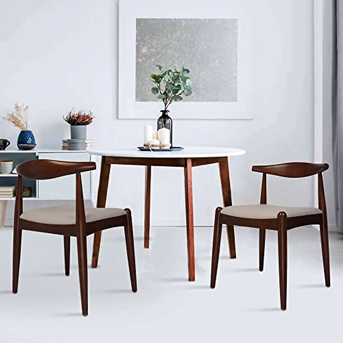 Koreyosh Mid-Century Side Modern Dining Chairs with Faux Leather Seat & Curved Backrest Low-Back Chair with Walnut Finish Dining Chairs in Light Grey/Walnut, Set of 4