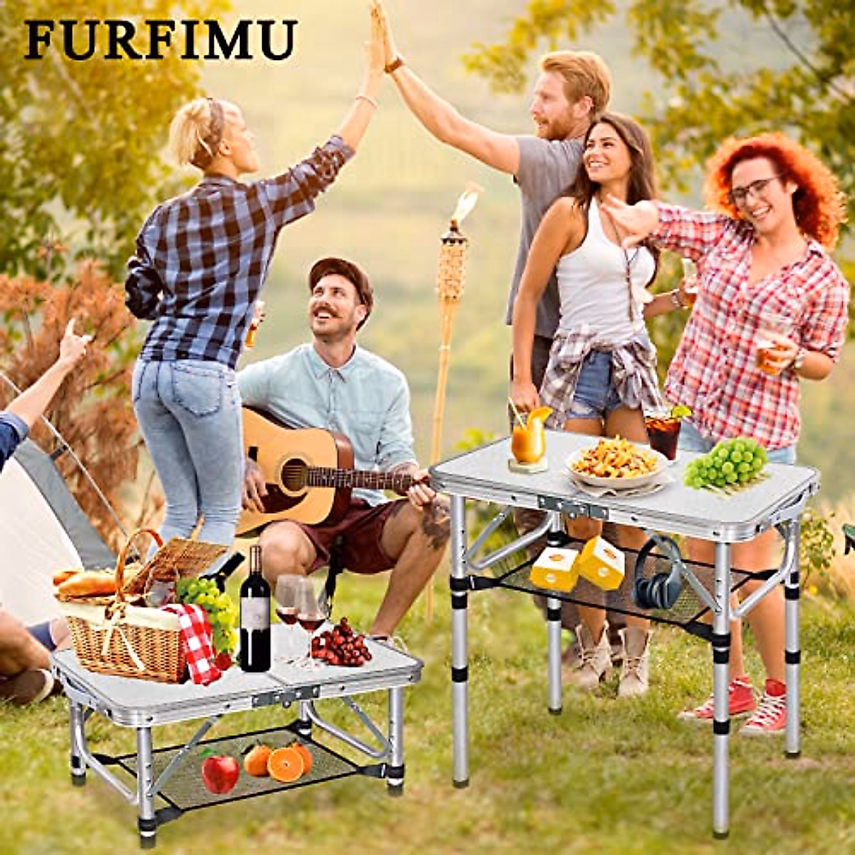 FURFIMU Small Folding Table,3 Adjustable Height Foldable Table,2Ft Portable Camping Table,Outdoor Folding Table with Net Mesh，Folding Beach Table,White Metal Folding Table for Patio BBQ