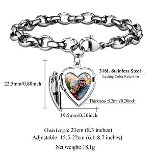 FindChic Customized Heart Locket Bracelet for Women with Picture Women Stainless Steel Mother Bracelets Adjustable Photo Printing Chunky Cable Chain Bracelet Best Friends Jewelry