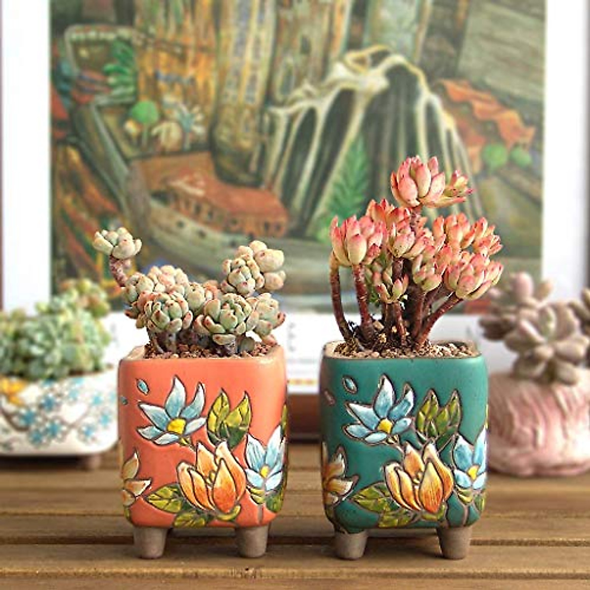 Summer Impressions 4.88 Inch Tall Hand Painted Square Succulent Planter Cactus Planter Pot Bonsai Pot Clay Pot Flower Pot Floral Design Indoor Outdoor Pack of 2 (Tall Square Orange and Green)