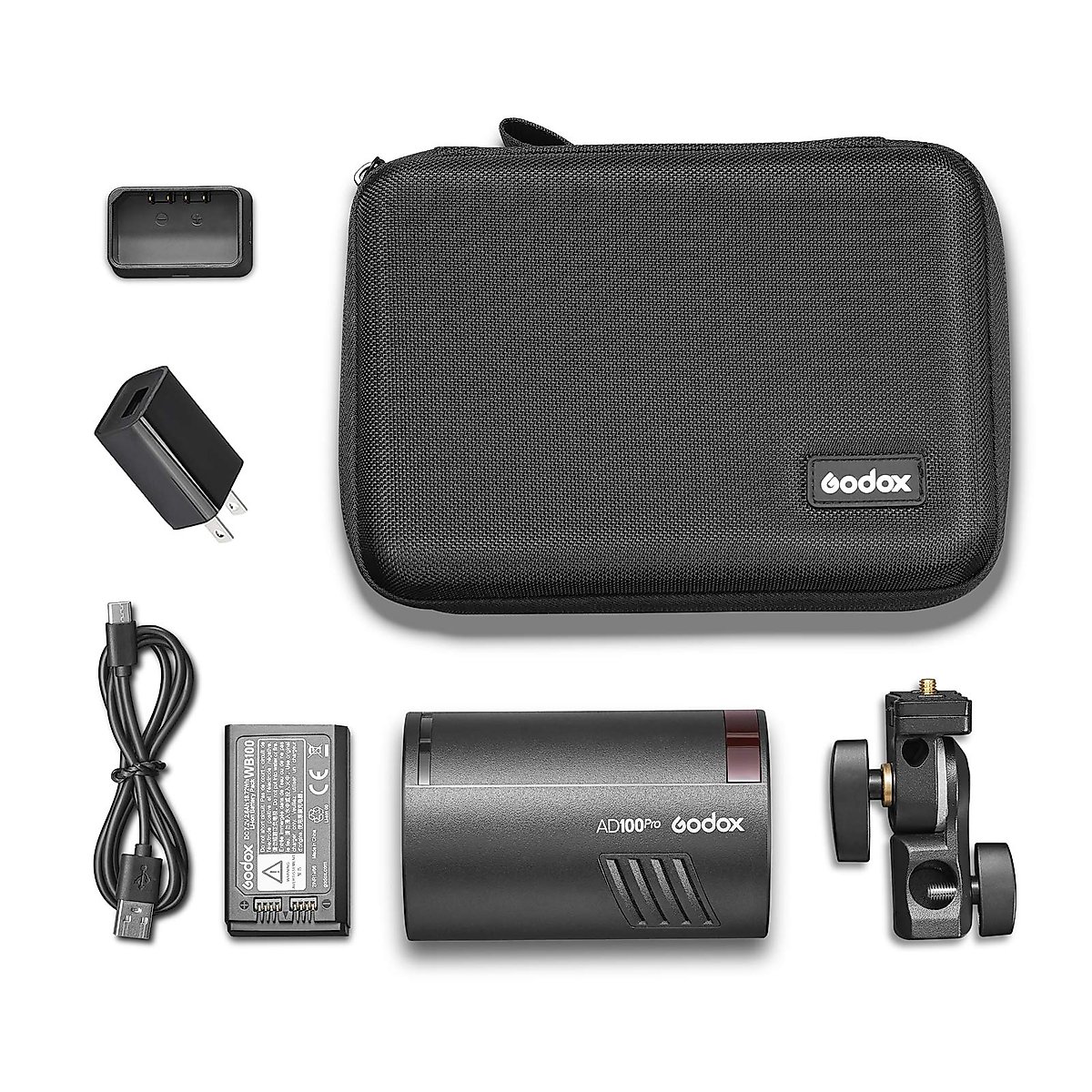 GODOX AD100Pro Studio Flash Light OLED Screen 5800K 1/8000s Sync TTL/Multi/M Flash Built-in 2.4G Wilreless X System 5 Groups 32 Channels with Rechargeable 2600mAh Battery with Godox S2 Flash Bracket