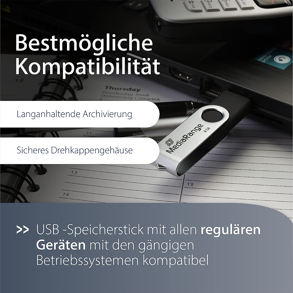 MEDIARANGE MR908 Flexi USB Stick 8GB 15MB/s USB 2.0 Black-Silver