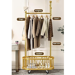 REROM 360° Wheels Free-Standing Coat Rack,with 4 Hooks Clothes Rack Garment Rail Storage Basket for Bedroom Living Room Garment Rack (Color : White, Size : 80cm)