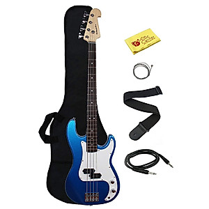 Stedman Beginner Series Bass Guitar Bundle with 15-Watt Amp, Gig Bag, Instrument Cable, Strap, Strings, Picks, and Polishing Cloth - Metallic Blue