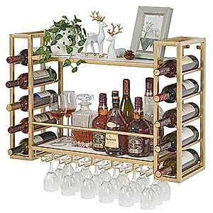 GOLASON Wall Mounted Wine Rack with Glass Holder, Metal Bottle Holder Wine Storage Display Shelf for Home Bar Dining Room Kitchen (31.5 Inch, Faux Marble)