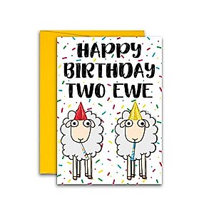 Funny Birthday Happy Birthday Two Ewe Sheep Greeting Card Pun Card Kids Birthday Card 5x7 inches w/Envelope