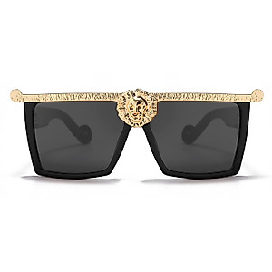 Dollger Square Flat Top Millionaire Hip Hop Luxury Sunglasses for Women Mens Shades(Black Lens+Gold Frame)
