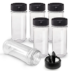 RoyalHouse 6 Pack 5.5 Oz Plastic Spice Jars with Black Cap, Clear and Safe Plastic Bottle Containers with Shaker Lids for Storing Spice, Herbs and Seasoning Powders, BPA Free, Made in USA