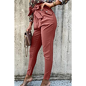 PRETTYGARDEN Women's Casual Long Pants High Waist Belted Paper Bag Work Pant Trousers with Pockets (Brick Red,Small)